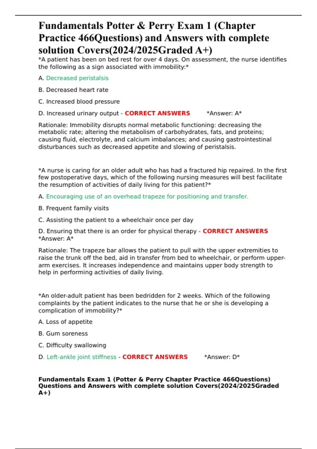 Fundamentals Potter & Perry Exam 1 (Chapter Practice 466Questions) and ...