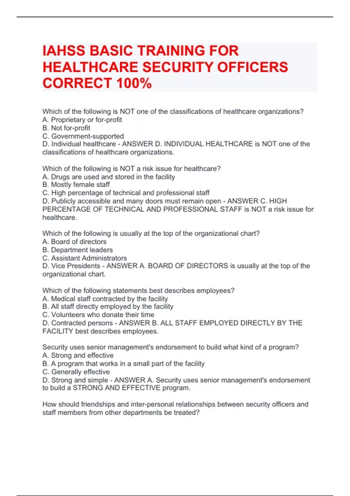 IAHSS BASIC TRAINING FOR HEALTHCARE SECURITY OFFICERS CORRECT 100% ...