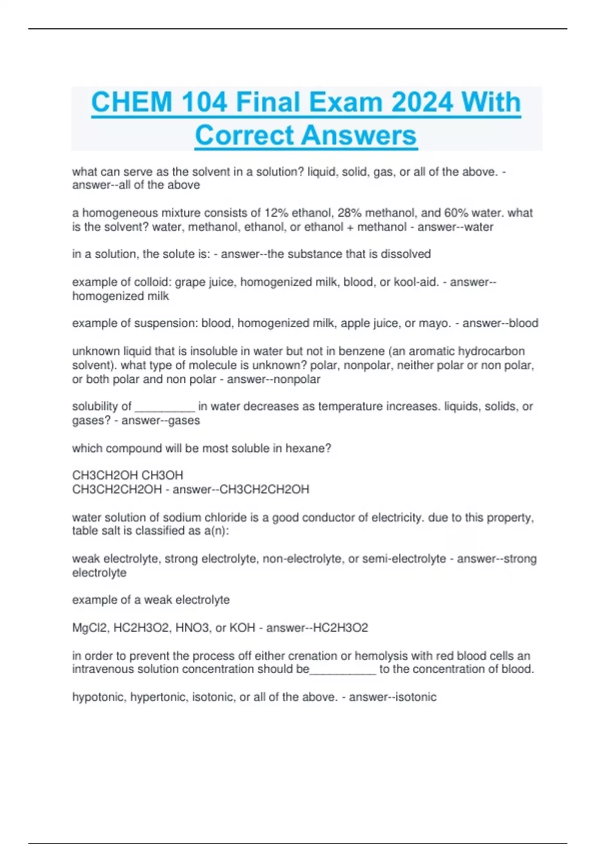 CHEM 104 Final Exam 2024 With Correct Answers - Chem 104 - Stuvia US