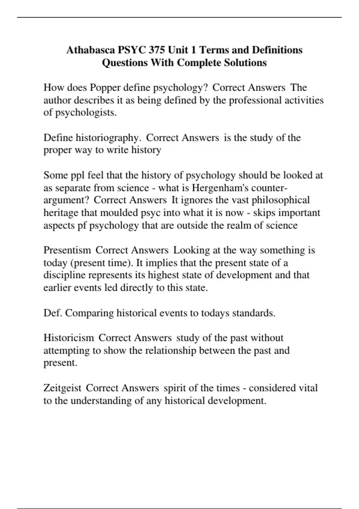 Athabasca PSYC 375 Unit 1 Terms and Definitions Questions With Complete Solutions - PSYC 375 ...