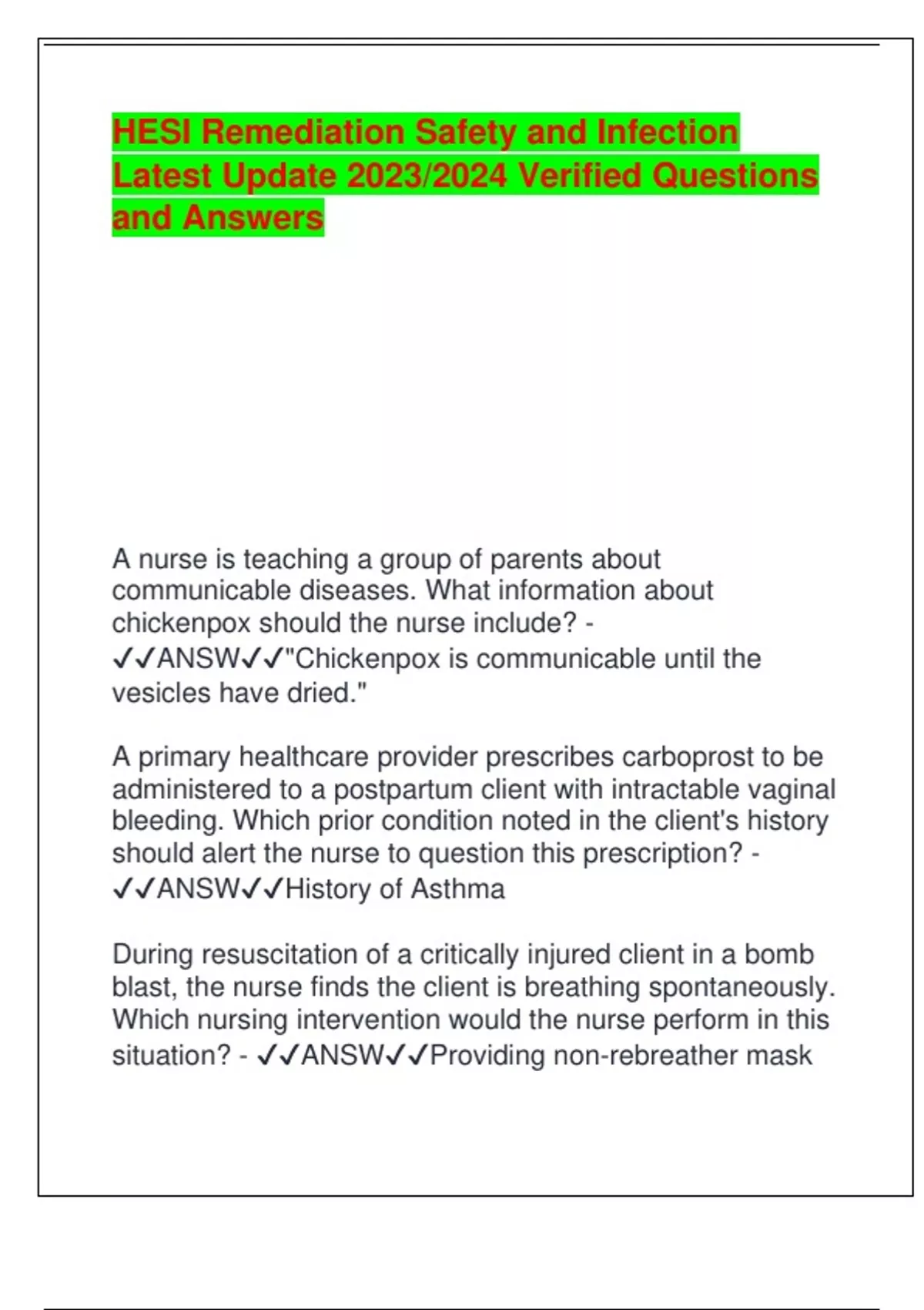 HESI Remediation Safety and Infection Latest Update 2023/2024 Verified ...