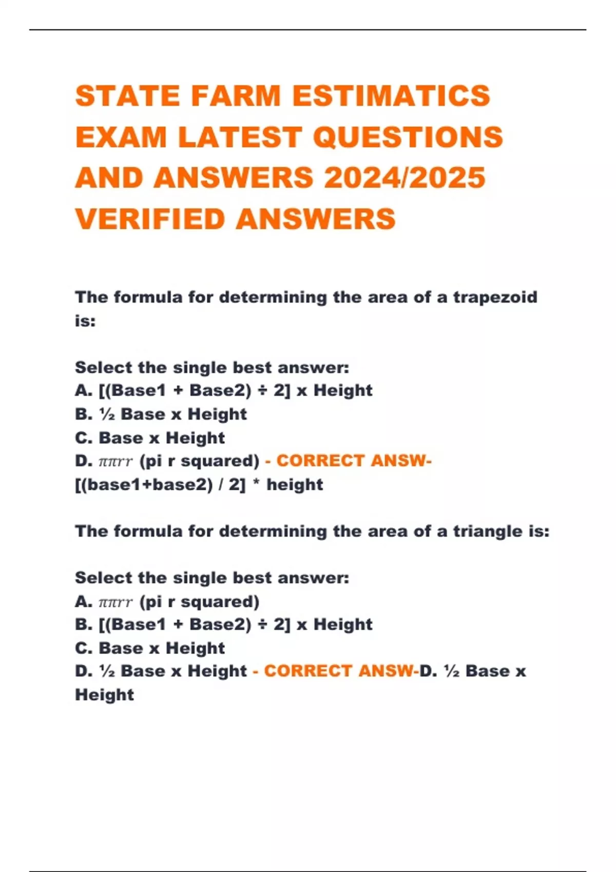 STATE FARM ESTIMATICS EXAM LATEST QUESTIONS AND ANSWERS 2024/2025 ...
