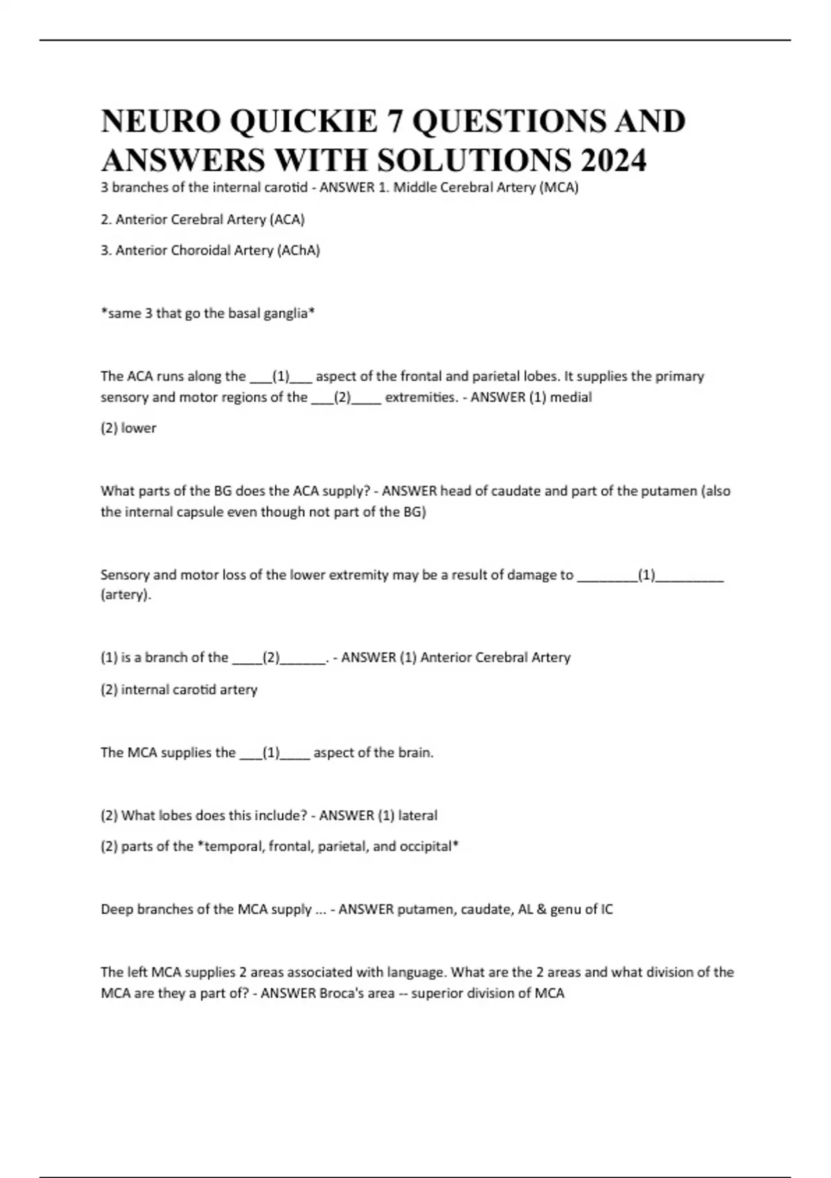 NEURO QUICKIE 7 QUESTIONS AND ANSWERS WITH SOLUTIONS 2024 - ACHA ...