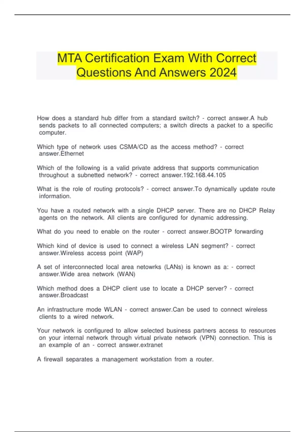 MTA Certification Exam With Correct Questions And Answers 2024 - MTA Certification - Stuvia US