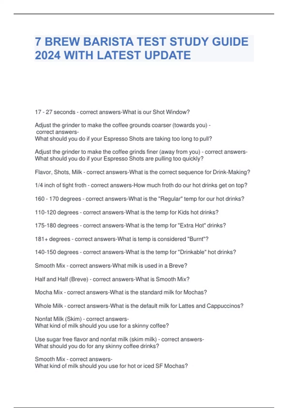 7 BREW BARISTA TEST STUDY GUIDE 2024 WITH LATEST UPDATE - 7 BREW ...