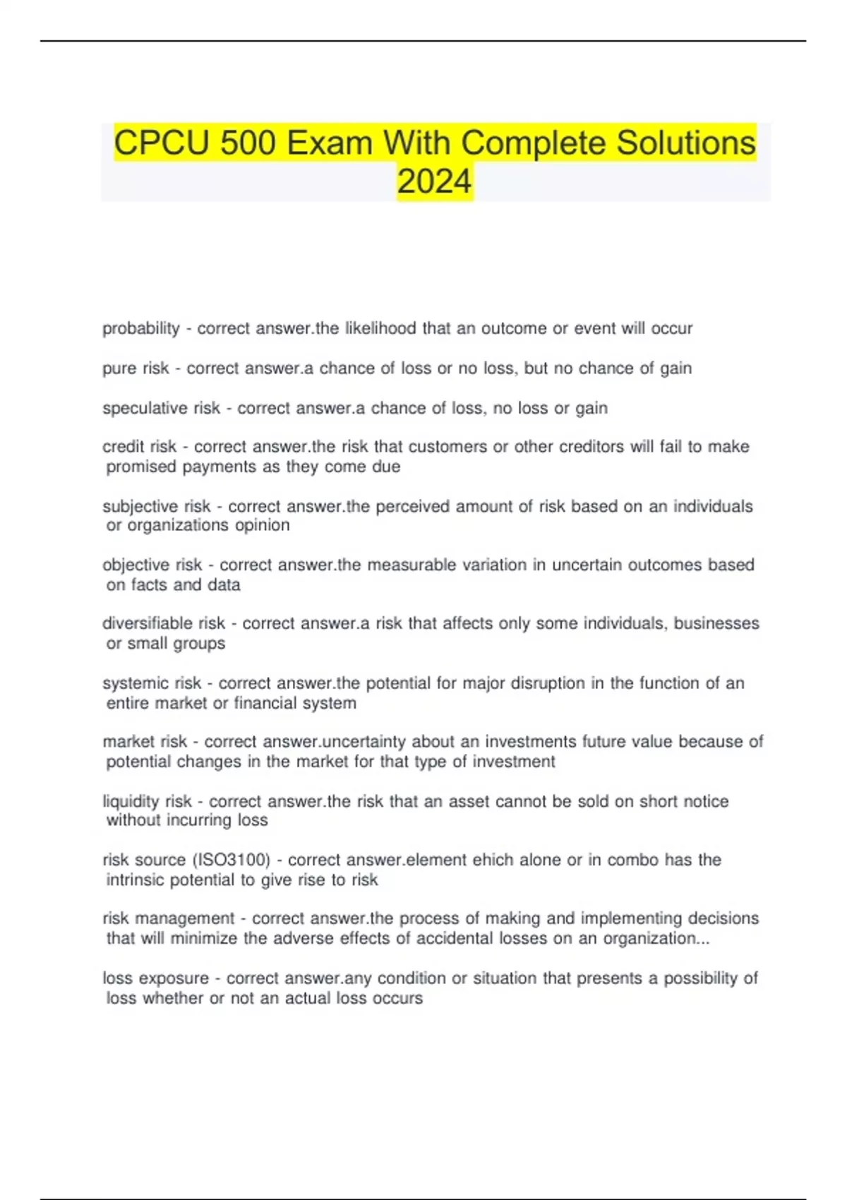 CPCU 500 Exam With Complete Solutions 2024 - CPCU 500 - Stuvia US