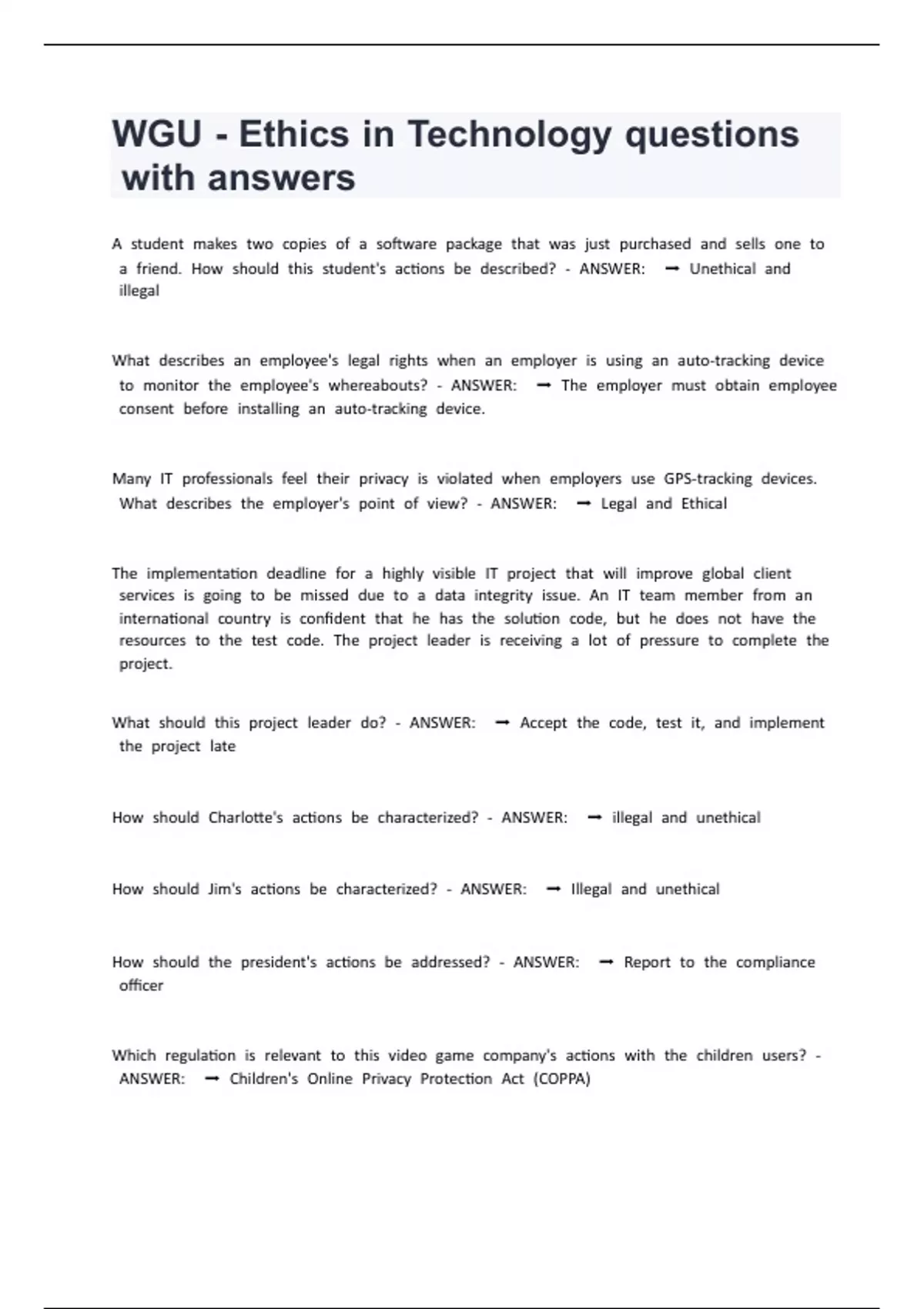 WGU - Ethics in Technology questions with answers - WGU D333 - Stuvia US