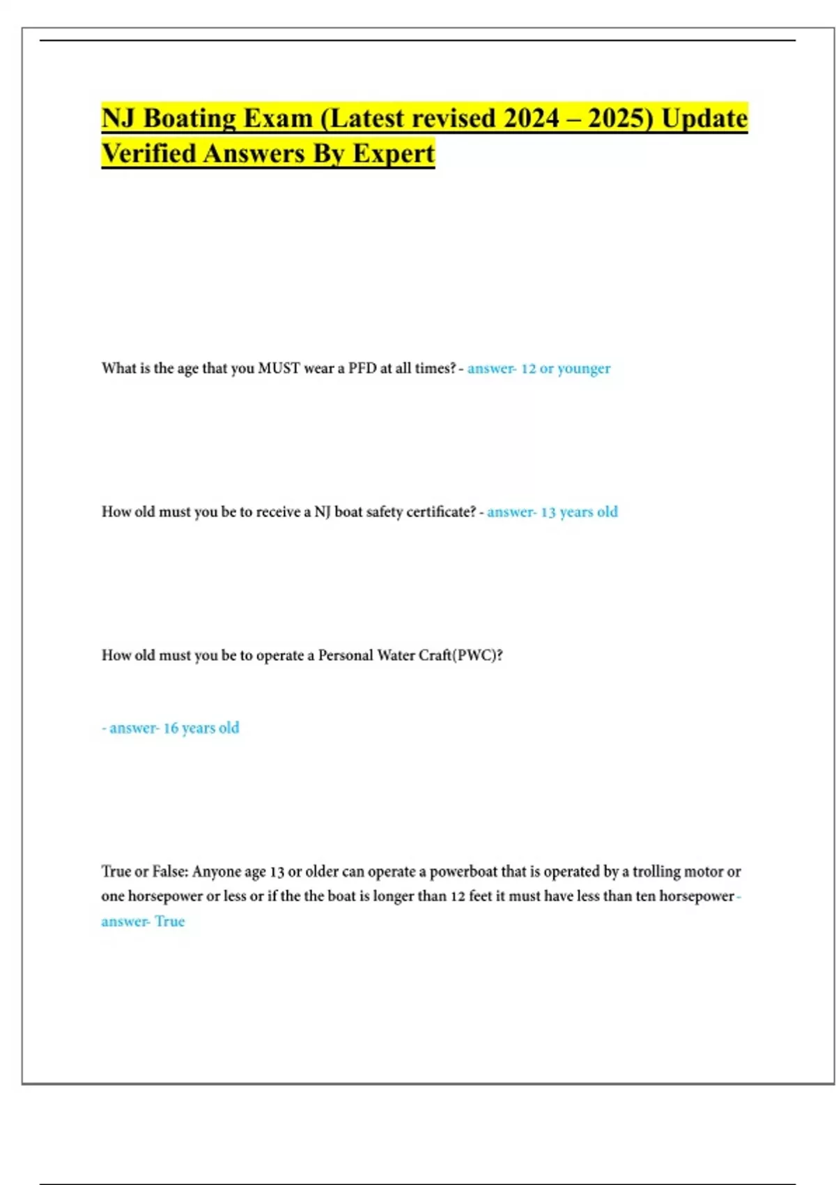 NJ Boating Exam – Latest Revised 2024/2025 Version with Expert-Verified ...