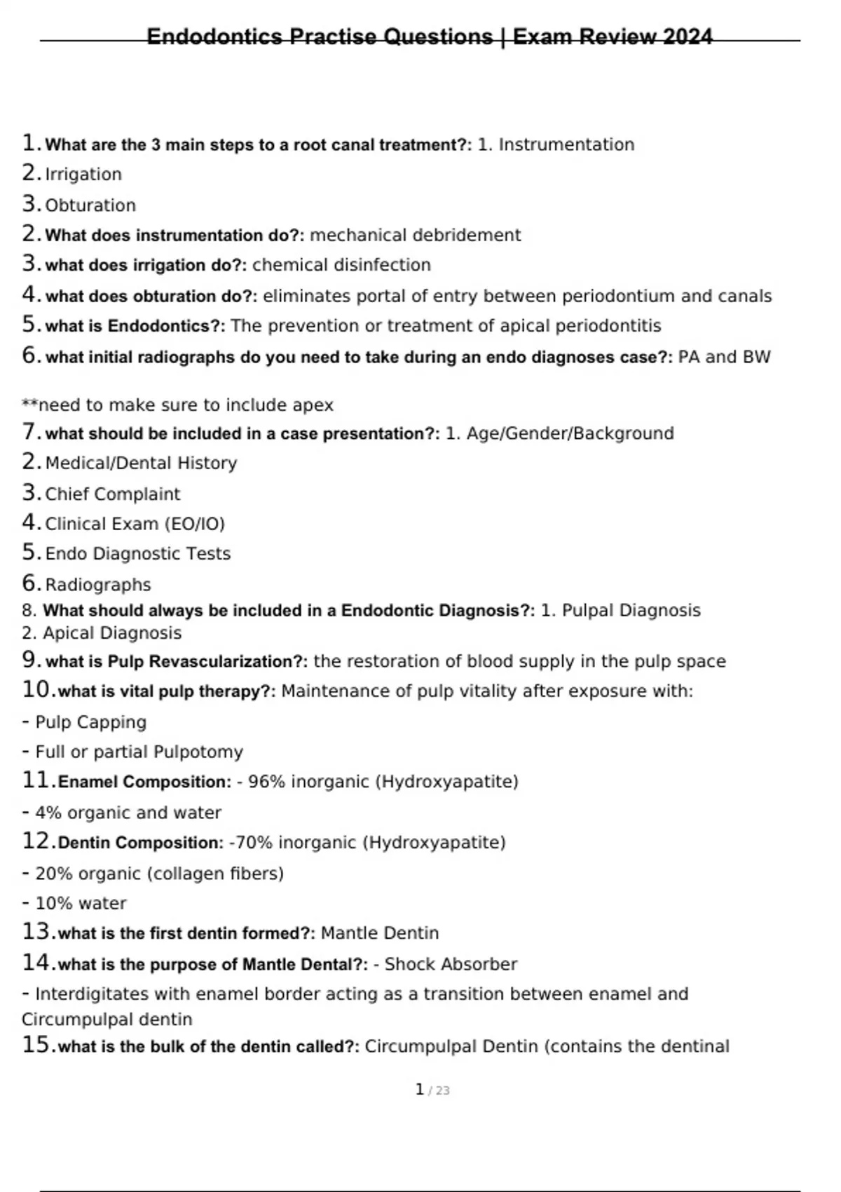 Endodontics Practise Questions | Exam Review 2024 - Endodontics - Stuvia US