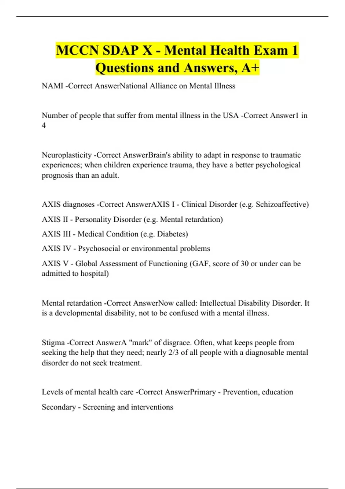 MCCN SDAP X - Mental Health Exam 1 Questions and Answers, A+ - MCCN ...