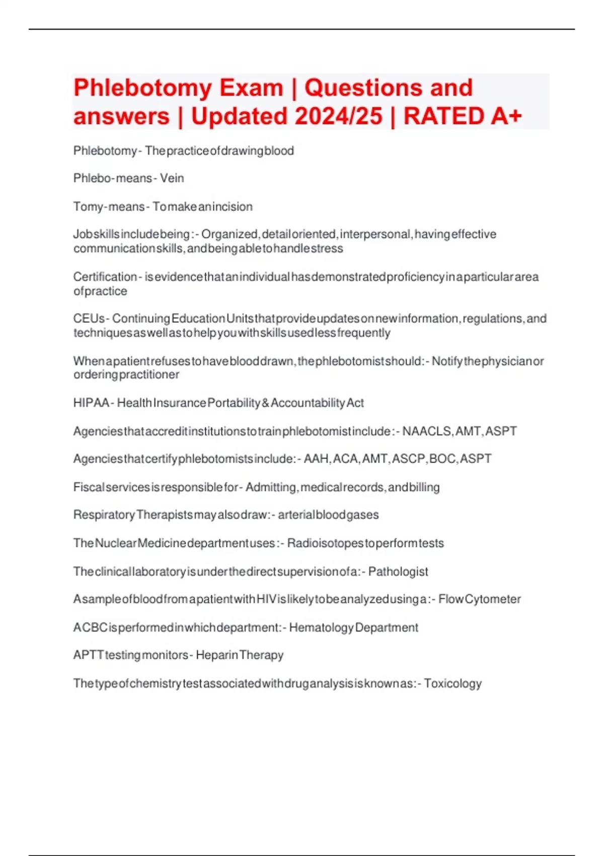 Phlebotomy Exam | Questions and answers | Updated 2024/25 | RATED A+ ...