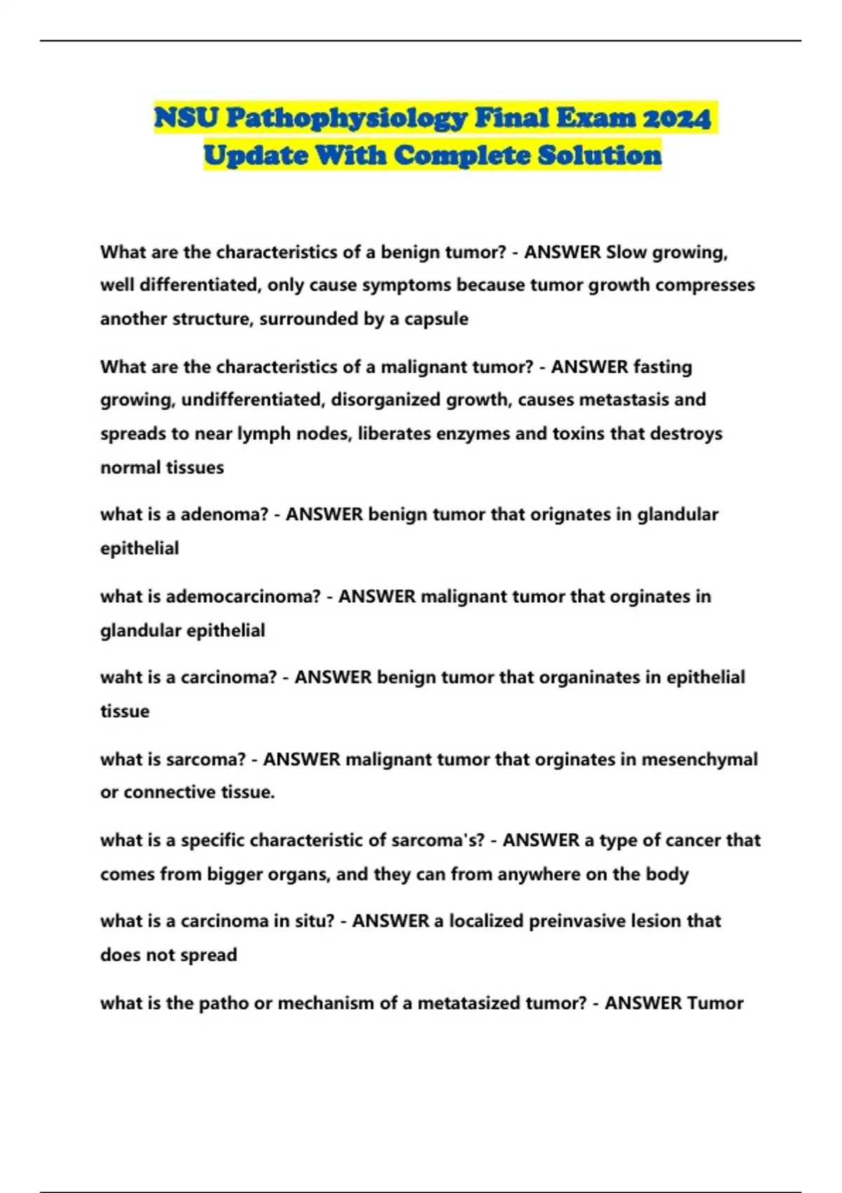 NSU Pathophysiology Final Exam 2024 Update With Complete Solution - NSU ...