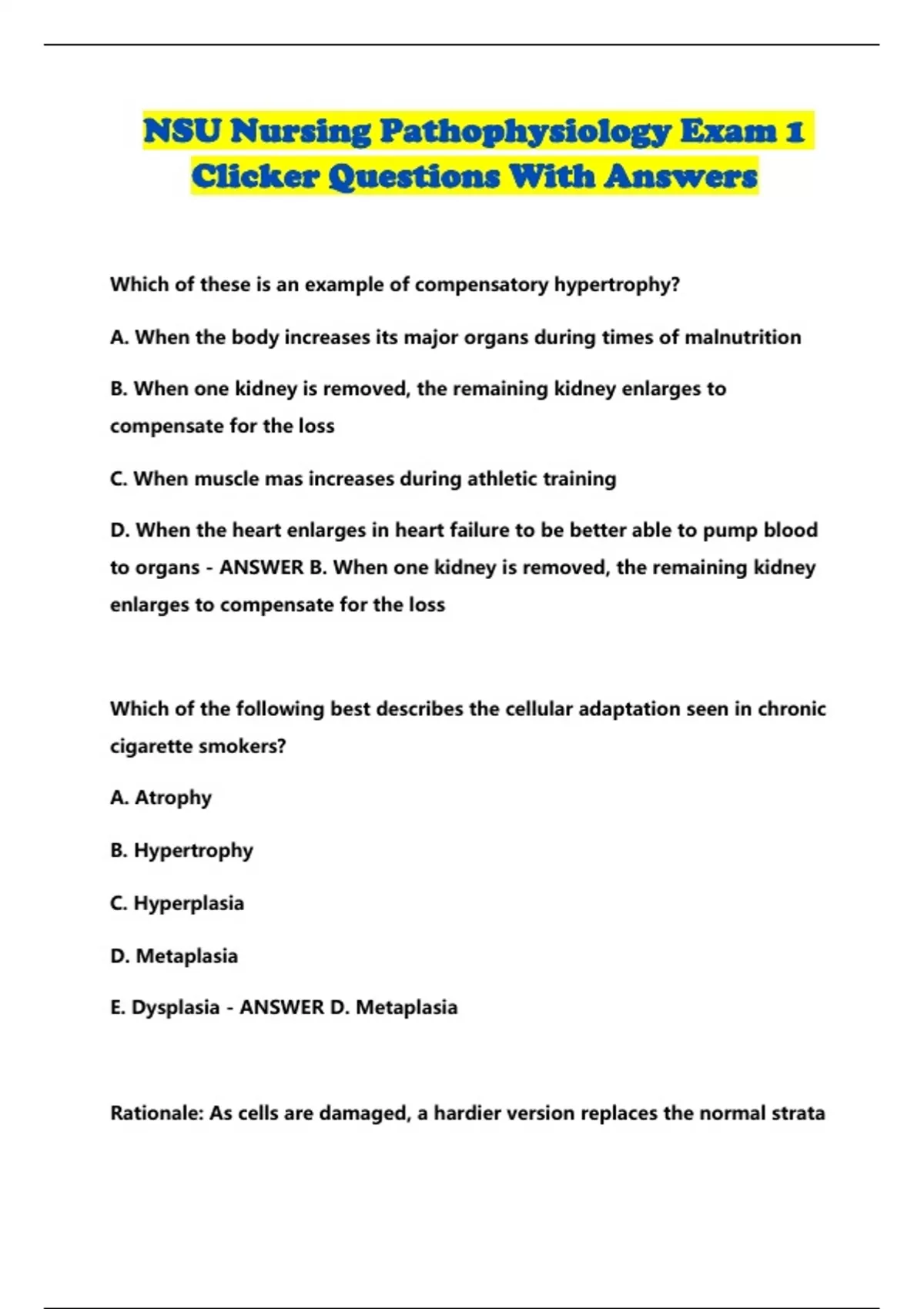 NSU Nursing Pathophysiology Exam 1 Clicker Questions With Answers - NSU ...