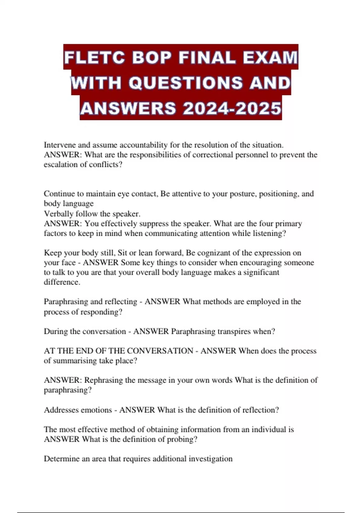 FLETC BOP FINAL EXAM WITH QUESTIONS AND ANSWERS - FLETC BOP - Stuvia US