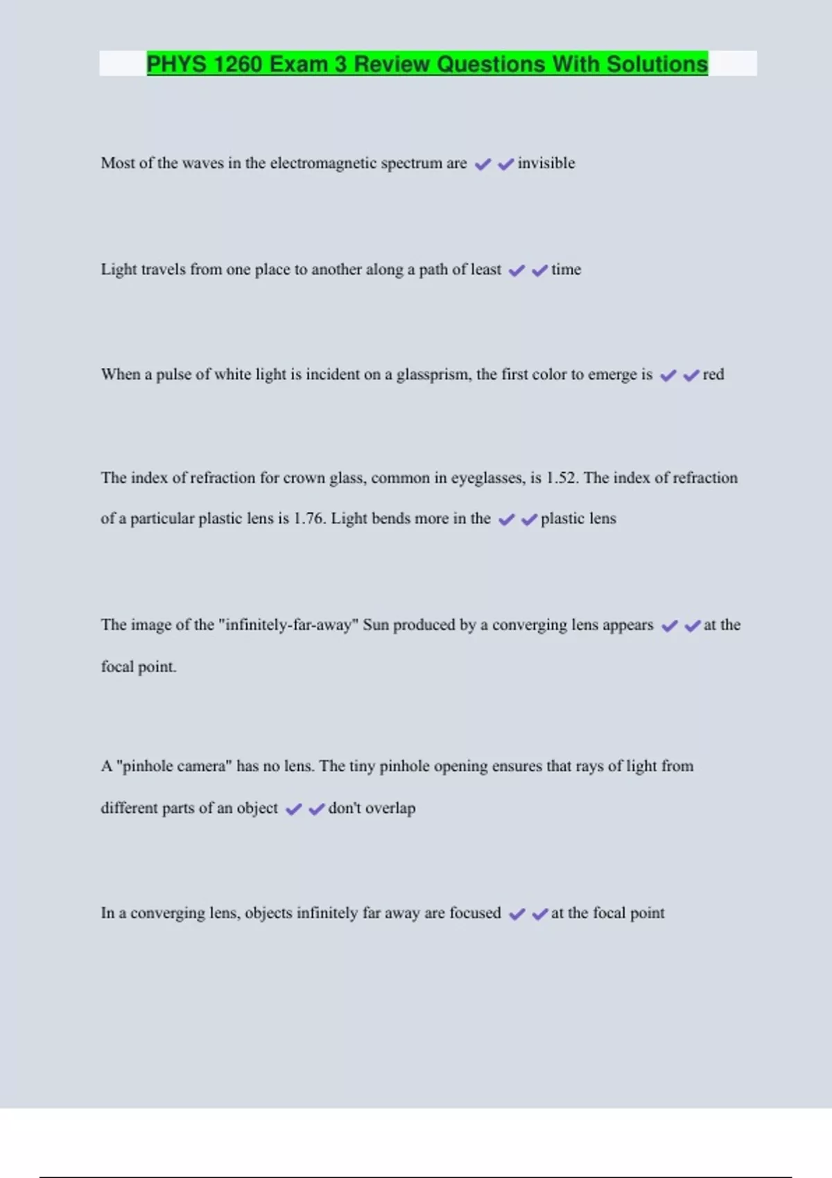 PHYS 1260 Exam 3 Review Questions With Solutions - PHYS 1260 - Stuvia US