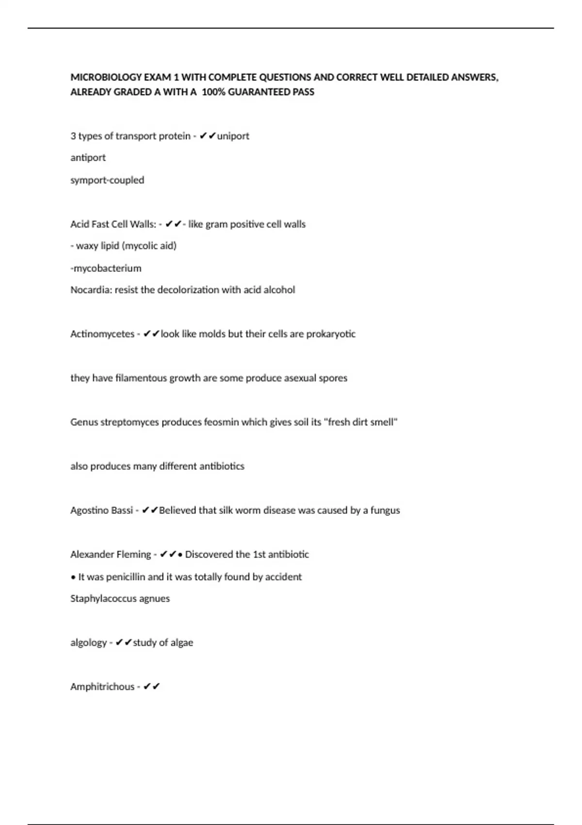 MICROBIOLOGY EXAM 1,2,3 AND 4 WITH COMPLETE QUESTIONS AND CORRECT WELL ...