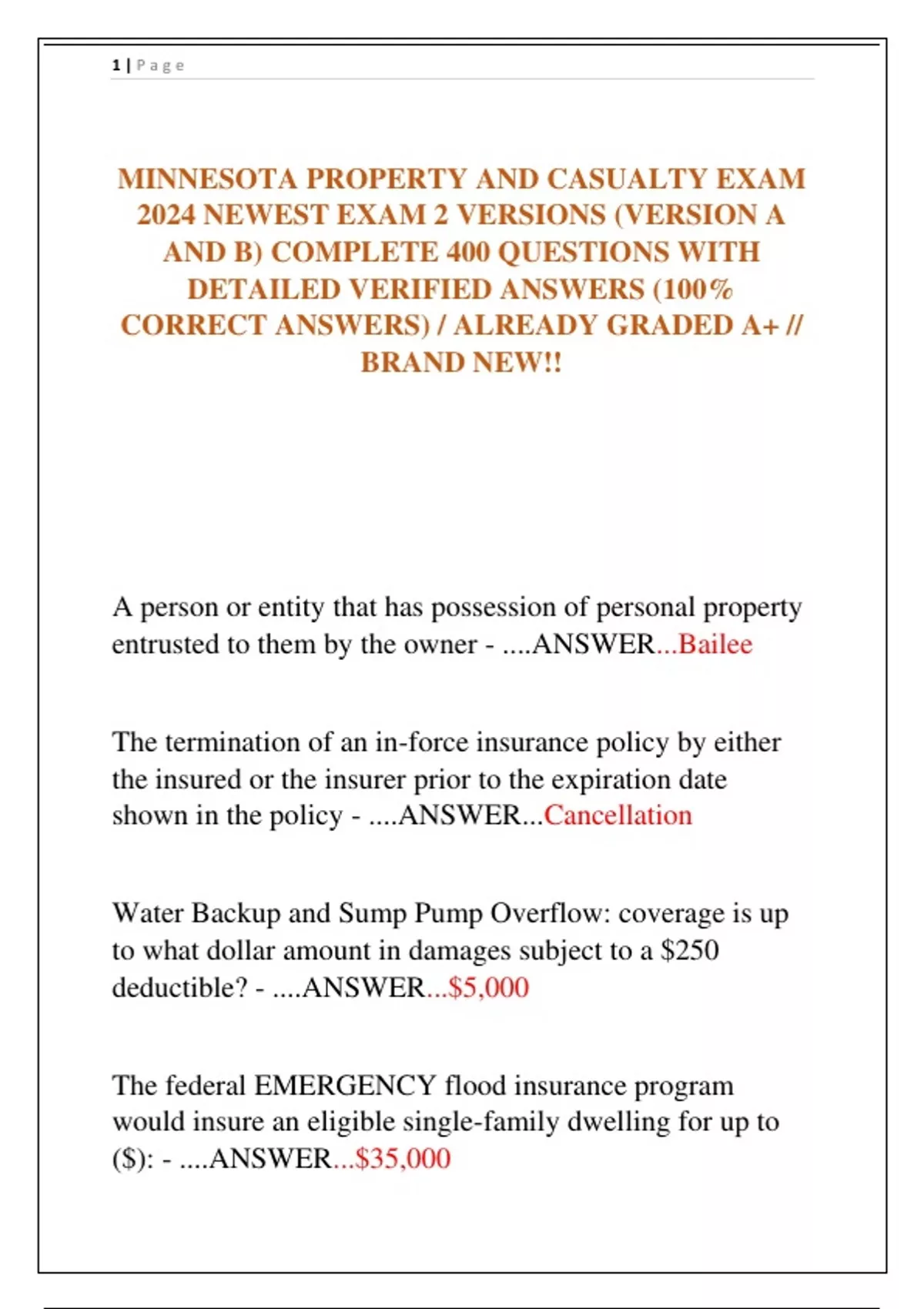 MINNESOTA PROPERTY AND CASUALTY EXAM 2024 NEWEST EXAM 2 VERSIONS ...