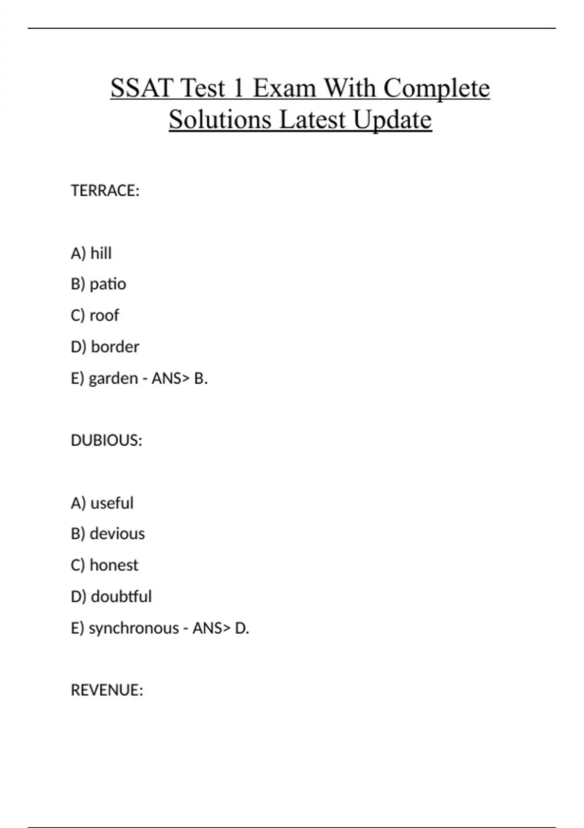 SSAT Test 1 Exam With Complete Solutions Latest Update - SSAT - Stuvia US