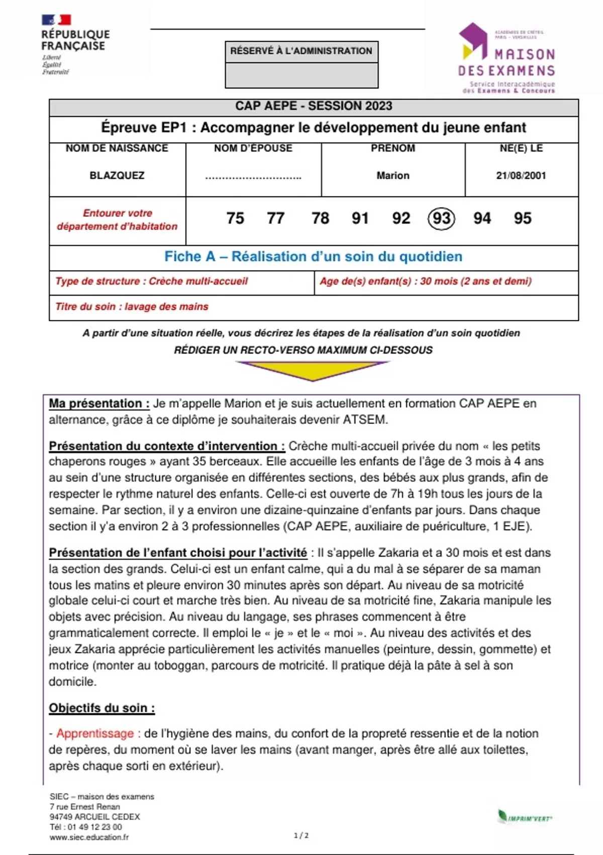 Fiche de soin et d’activité pour épreuve EP1 CAP AEPE - CAP AEPE - Stuvia FR