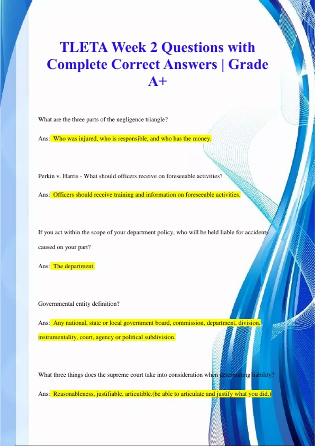 TLETA Test Pack Questions with Complete Correct Answers | Grade A+ ...