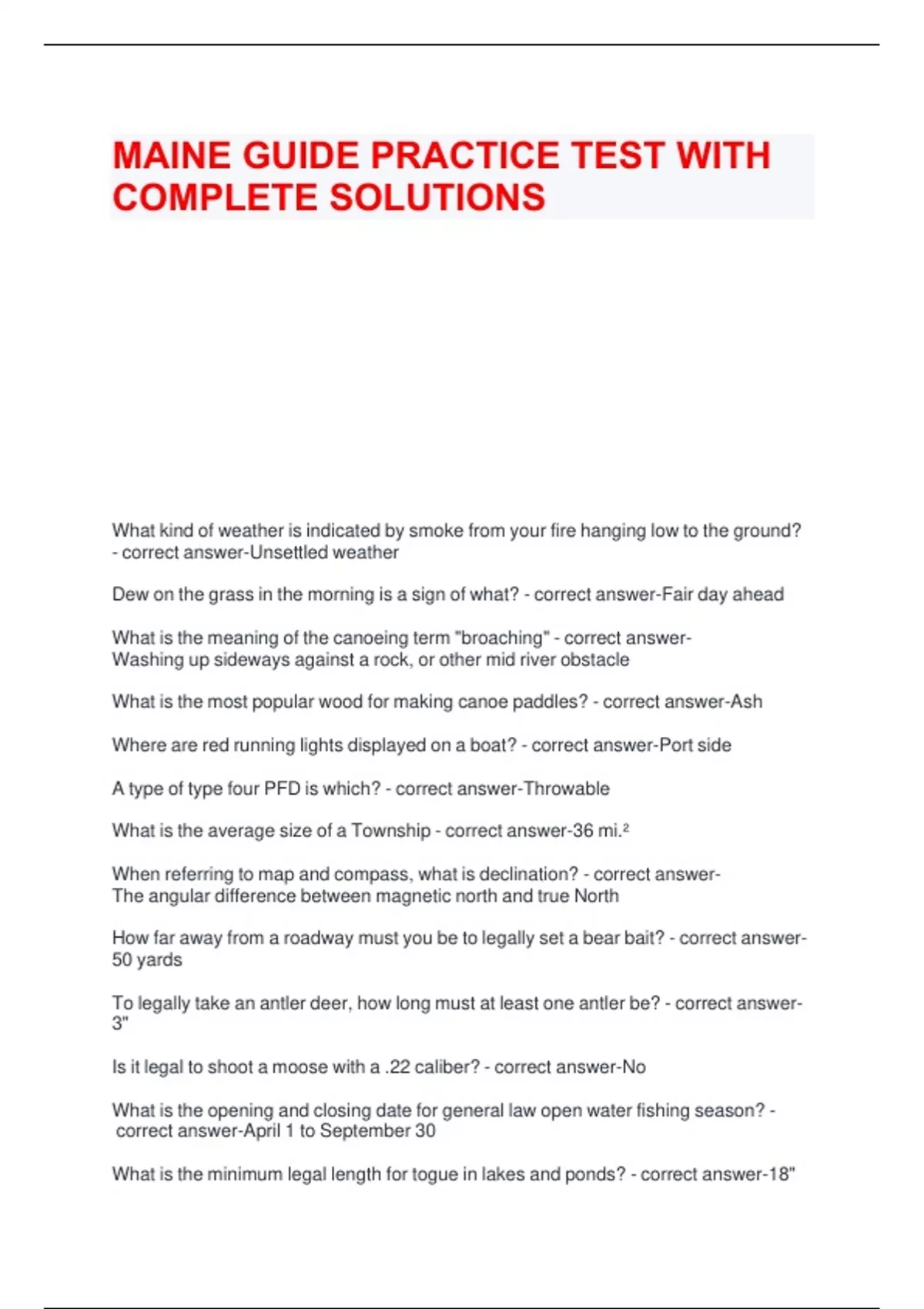 MAINE GUIDE PRACTICE TEST WITH COMPLETE SOLUTIONS - MAINE - Stuvia FR