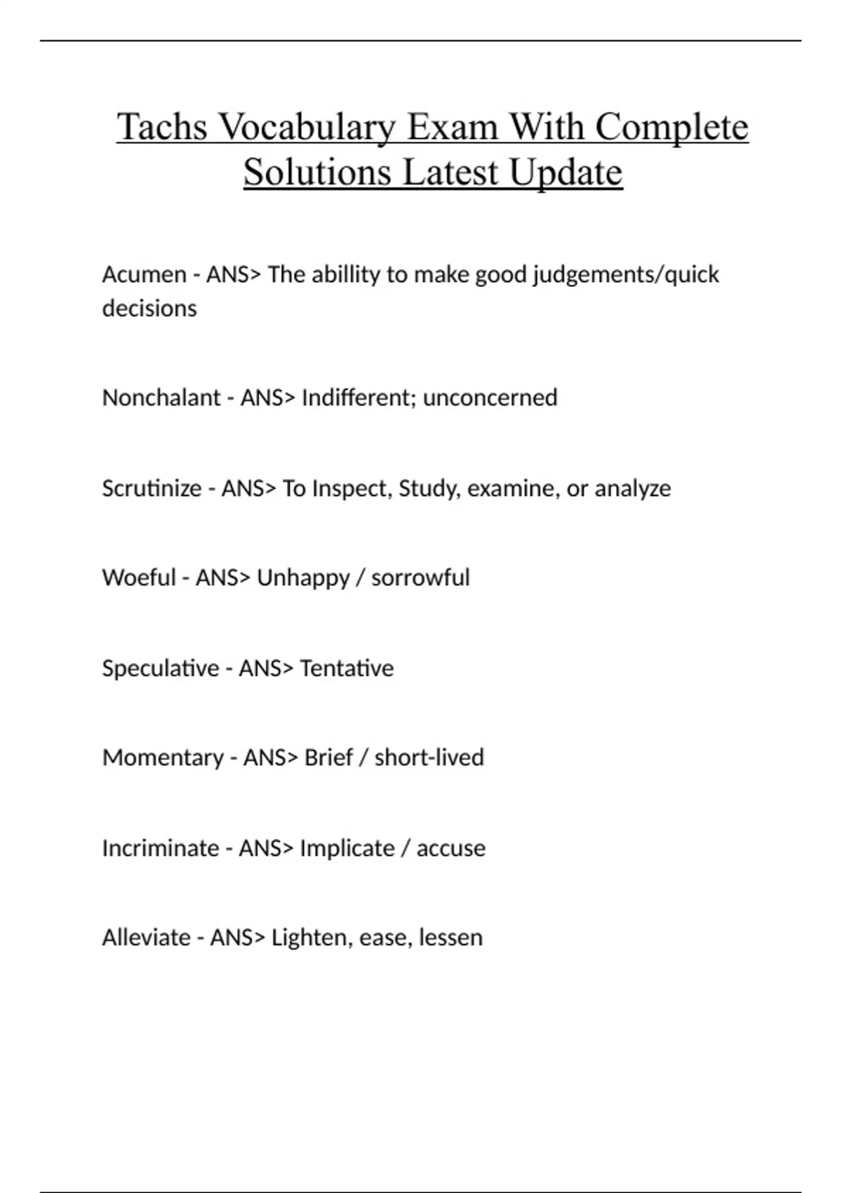 Tachs Vocabulary Exam With Complete Solutions Latest Update - TACHS ...
