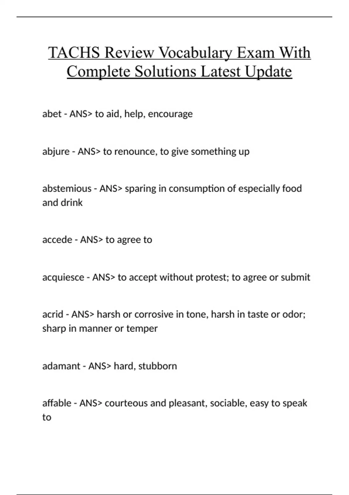 TACHS Review Vocabulary Exam With Complete Solutions Latest Update ...