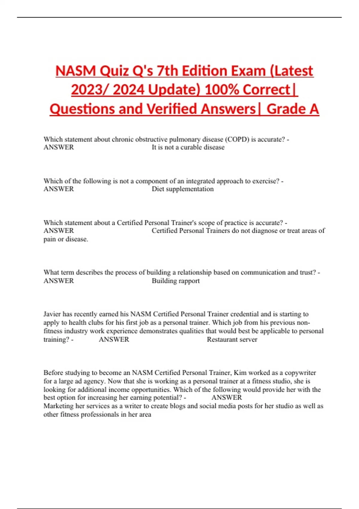 NASM Quiz Q's 7th Edition Exam (Latest 2023/ 2024 Update) 100% Correct ...