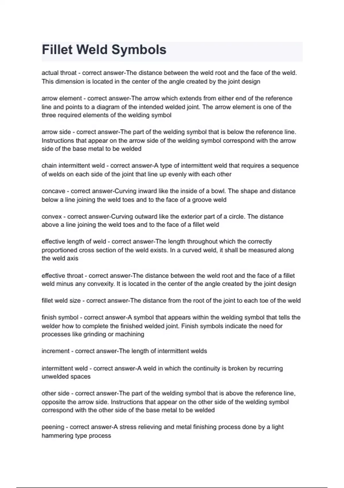 Fillet Weld Symbols QUESTIONS AND ANSWERS - WELDING SYMBOLS - Stuvia US