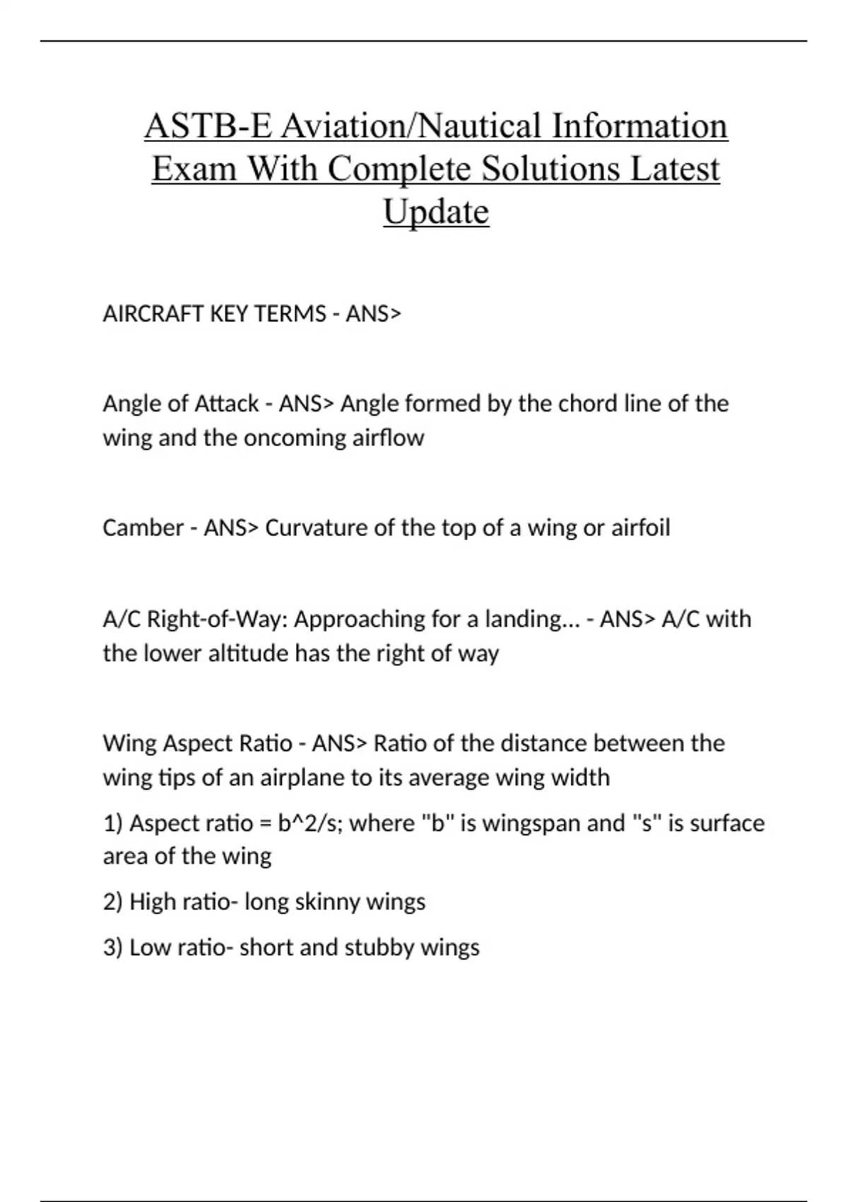 ASTB-E Aviation Nautical Information Exam With Complete Solutions ...