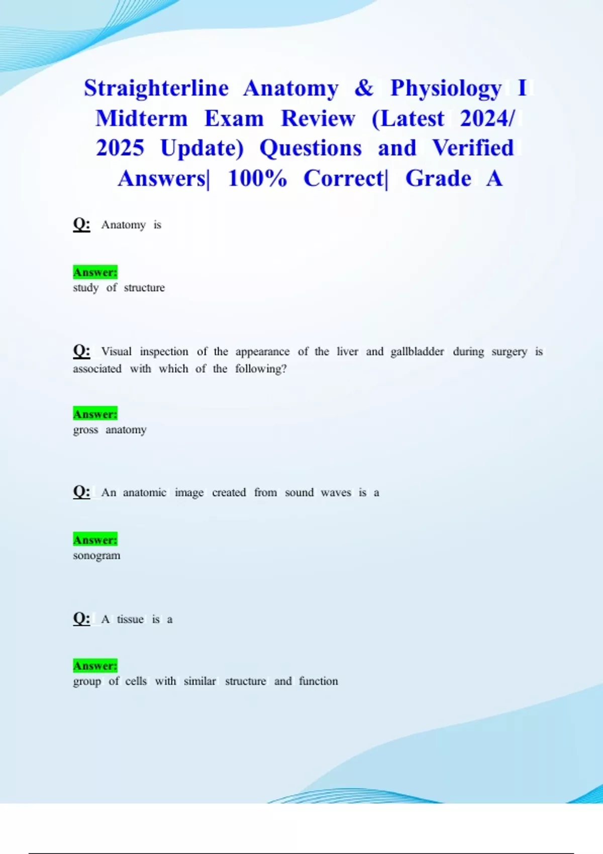 Straighterline Anatomy & Physiology I Midterm Exam Review (Latest 2024/ ...