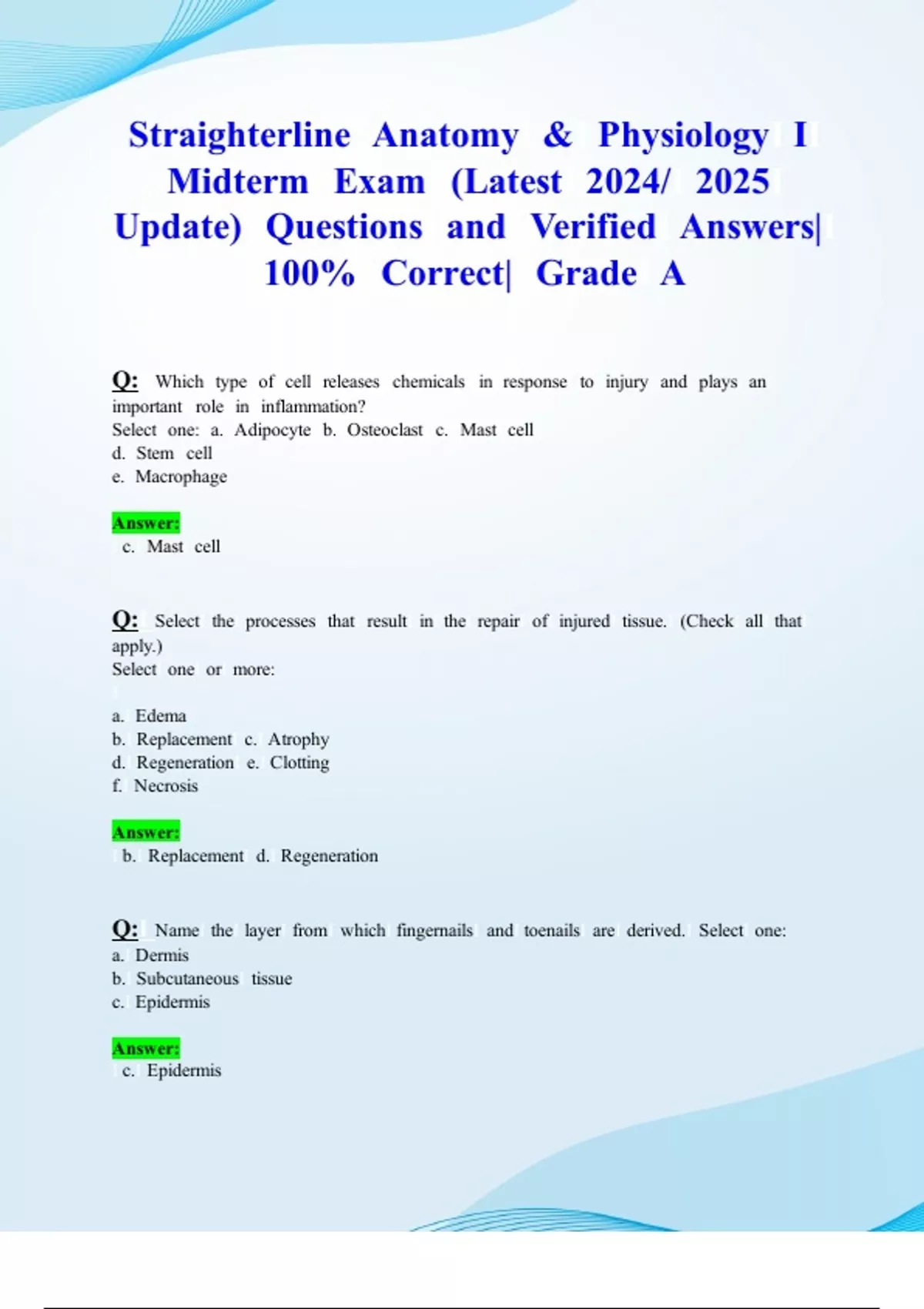 Straighterline Anatomy & Physiology I Midterm Exam (Latest 2024/ 2025 ...