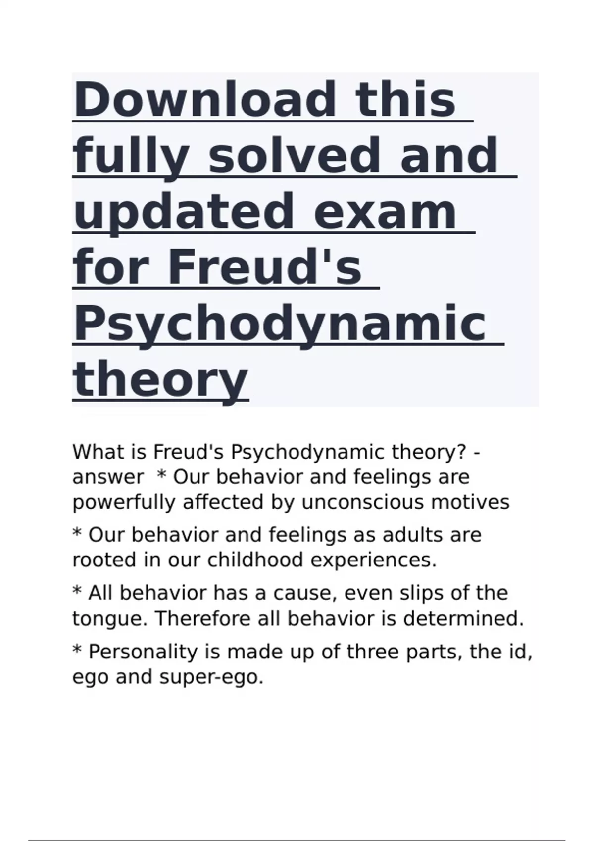 Download this fully solved and updated exam for Freud's Psychodynamic ...