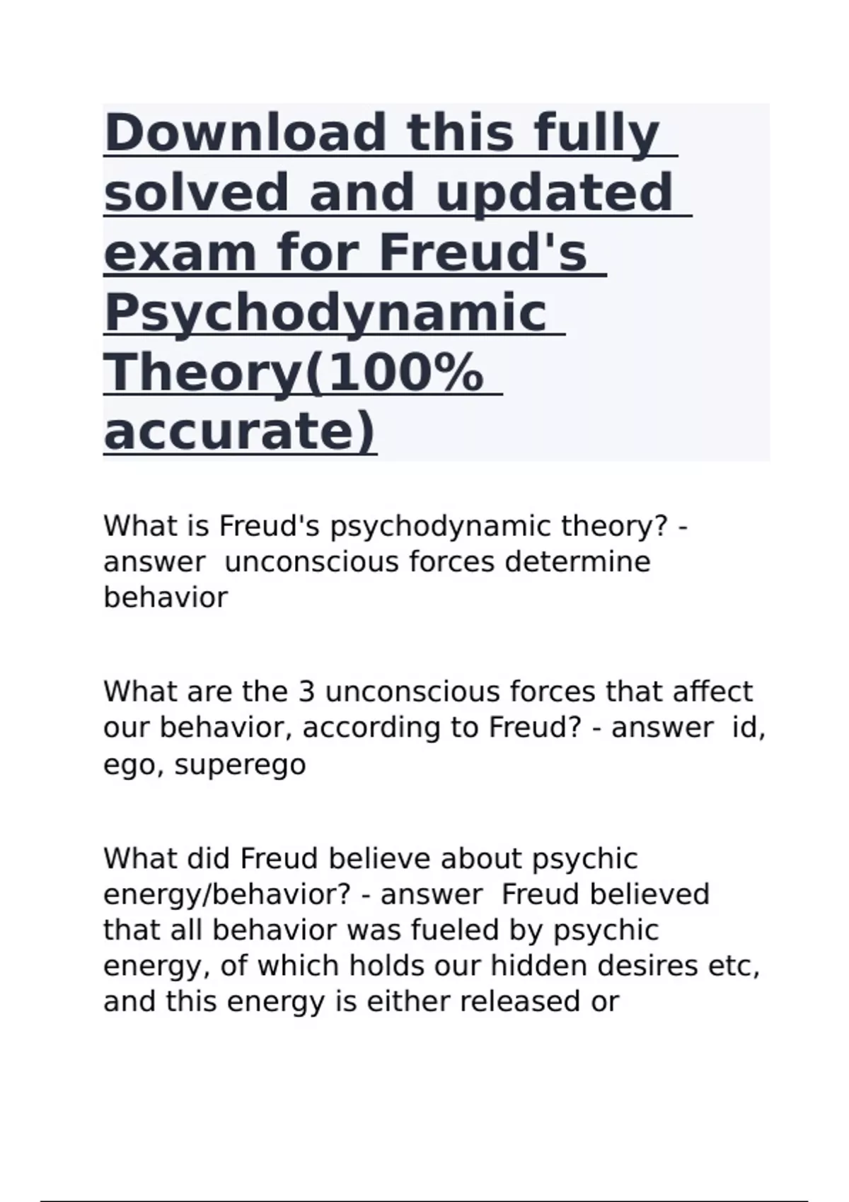 Download this fully solved and updated exam for Freud's Psychodynamic ...