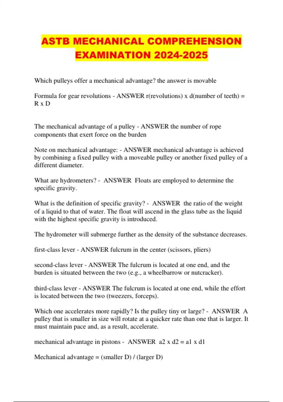 ASTB MECHANICAL COMPREHENSION EXAMINATION - ASTB MECHANICAL ...