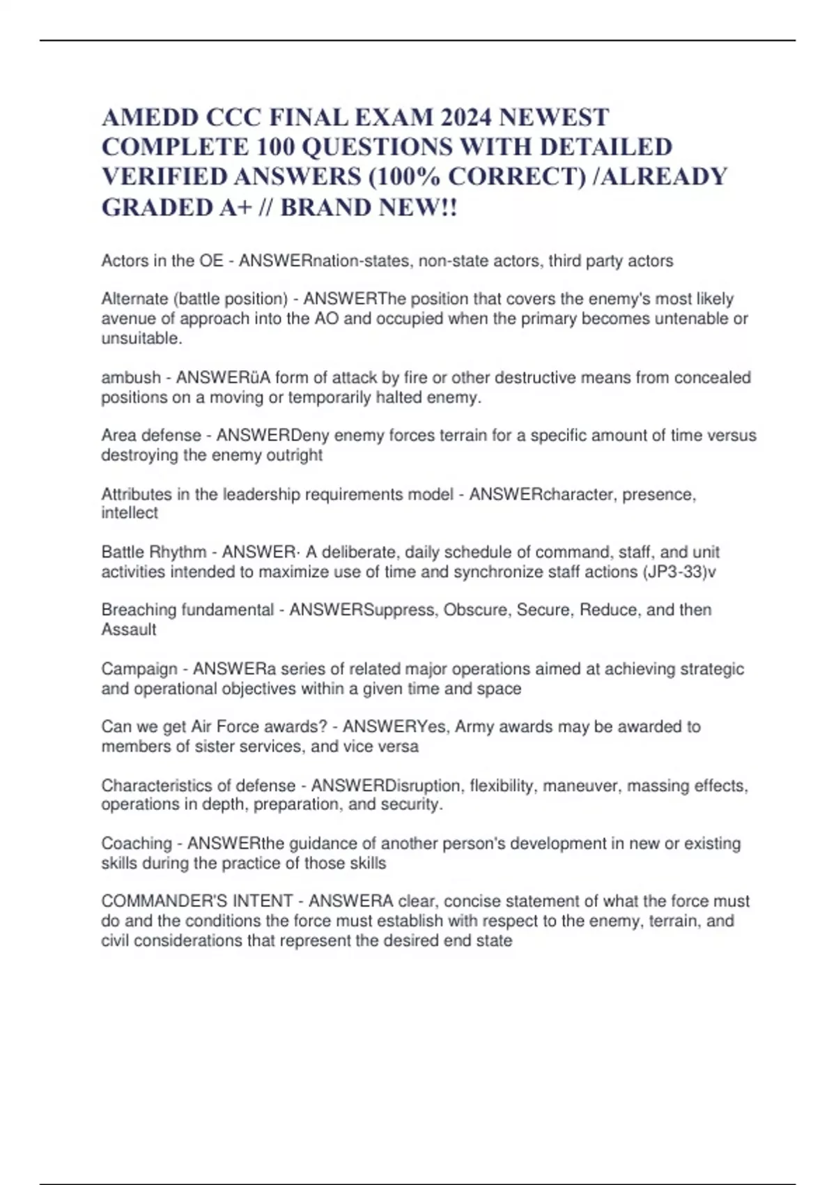 AMEDD CCC FINAL EXAM 2024 NEWEST COMPLETE 100 QUESTIONS WITH DETAILED ...