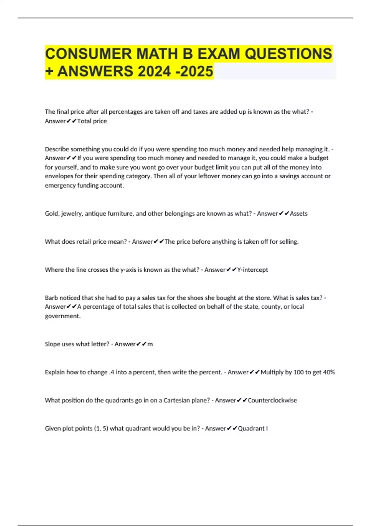 CONSUMER MATH B EXAM QUESTIONS + ANSWERS - CONSUMER MATH B - Stuvia US