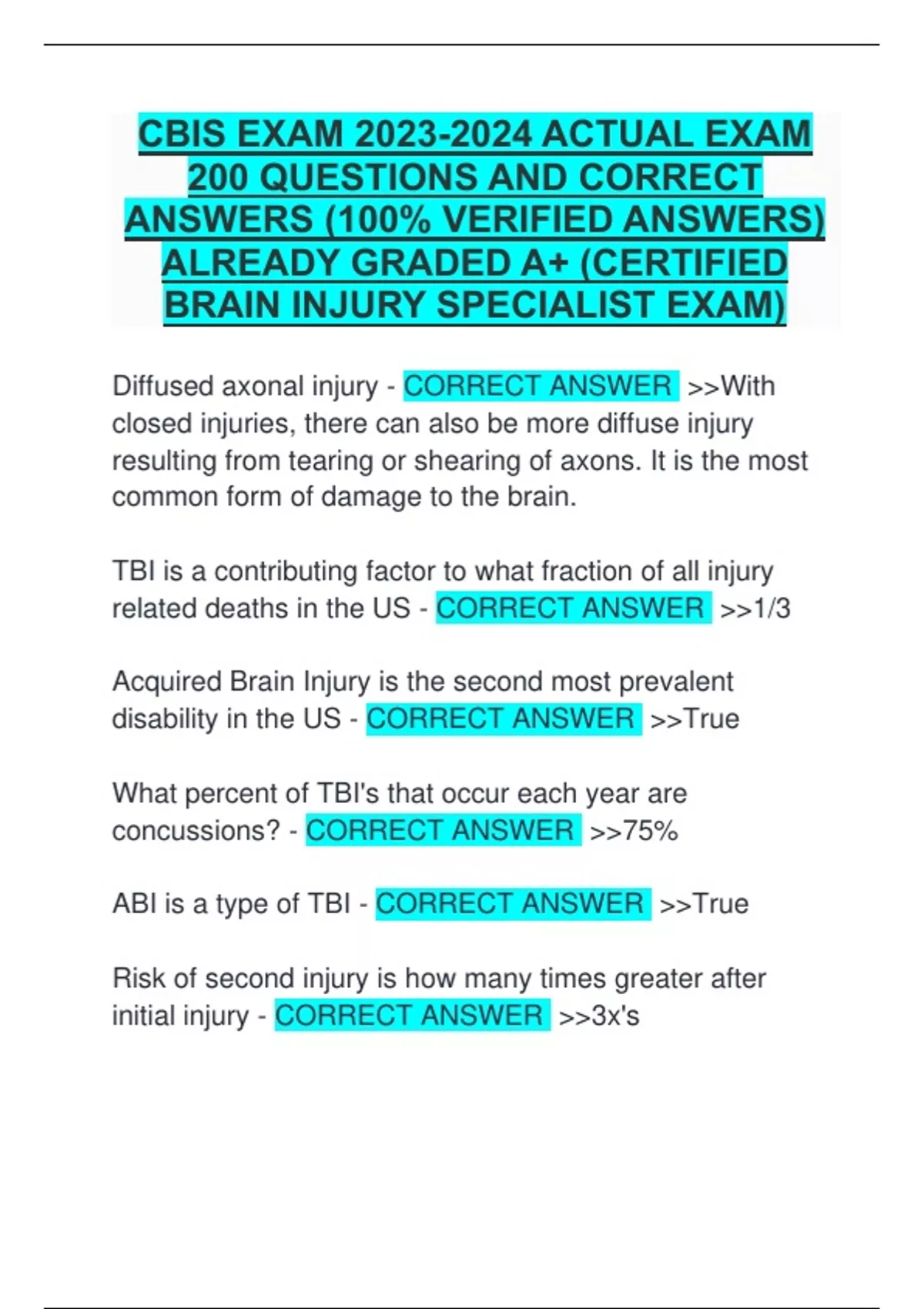 CBIS EXAM ACTUAL EXAM 200 QUESTIONS AND CORRECT ANSWERS (100% VERIFIED ...