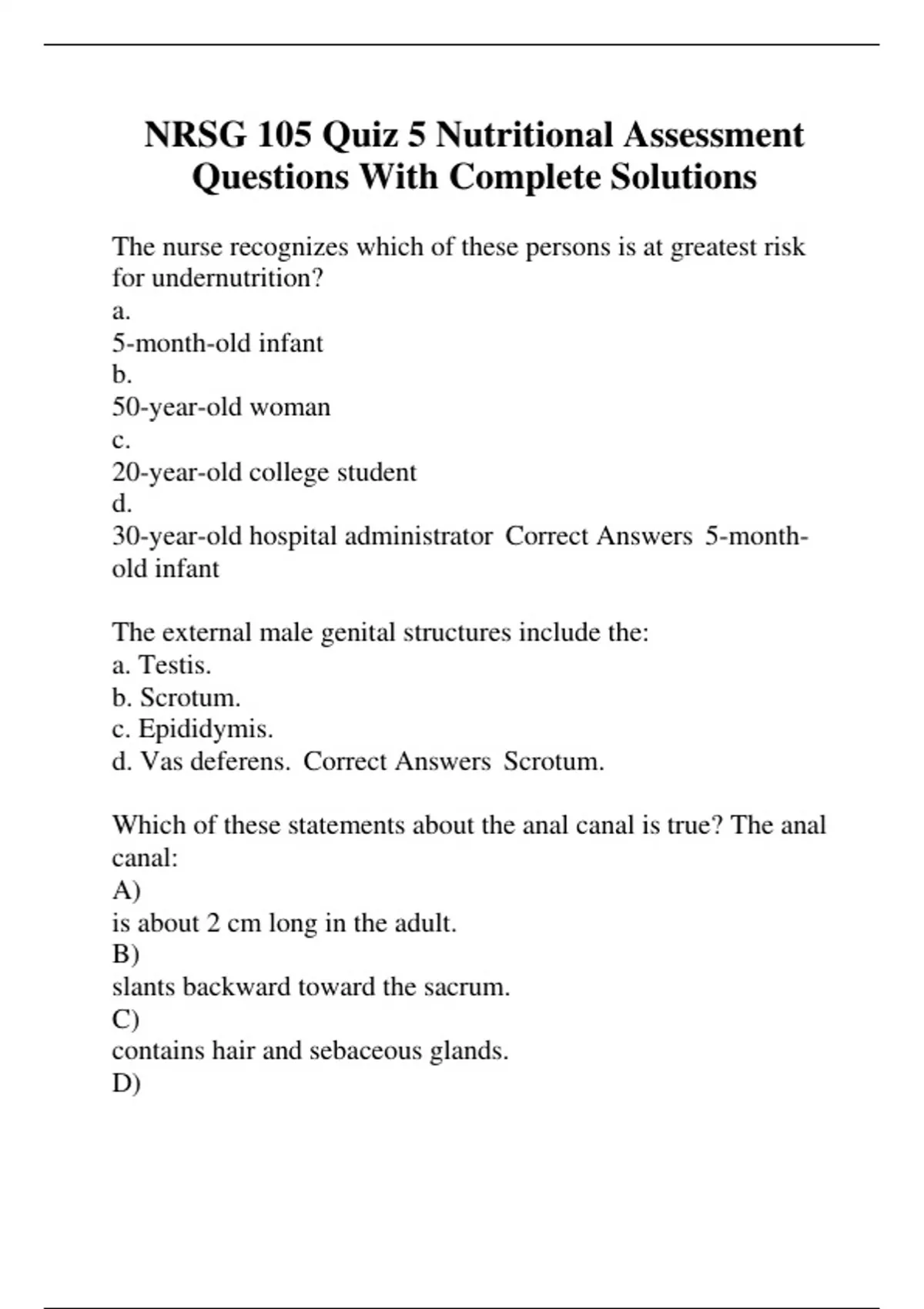 NRSG 105 Quiz 5 Nutritional Assessment Questions With Complete ...