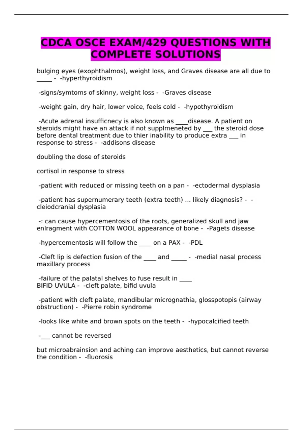 CDCA OSCE EXAM/429 QUESTIONS WITH COMPLETE SOLUTIONS - CDCA OSCE ...