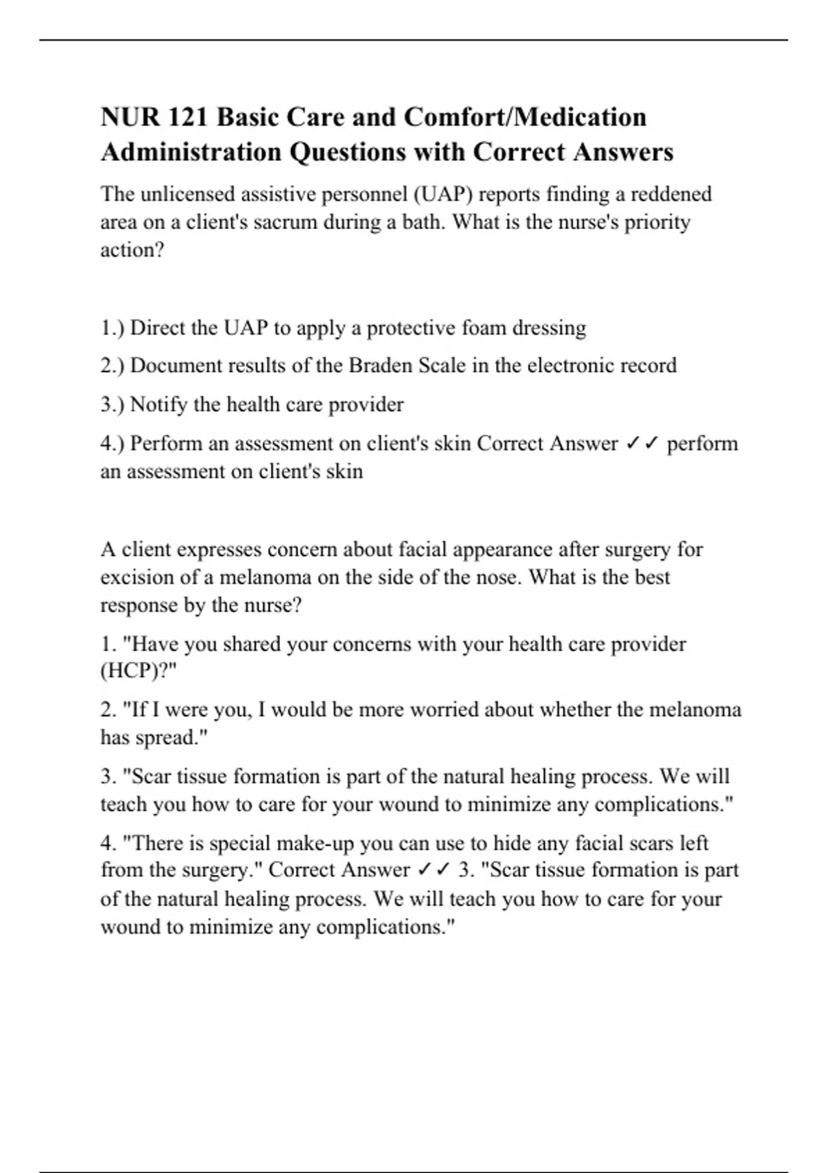 NUR 121 Basic Care and Comfort/Medication Administration Questions with ...
