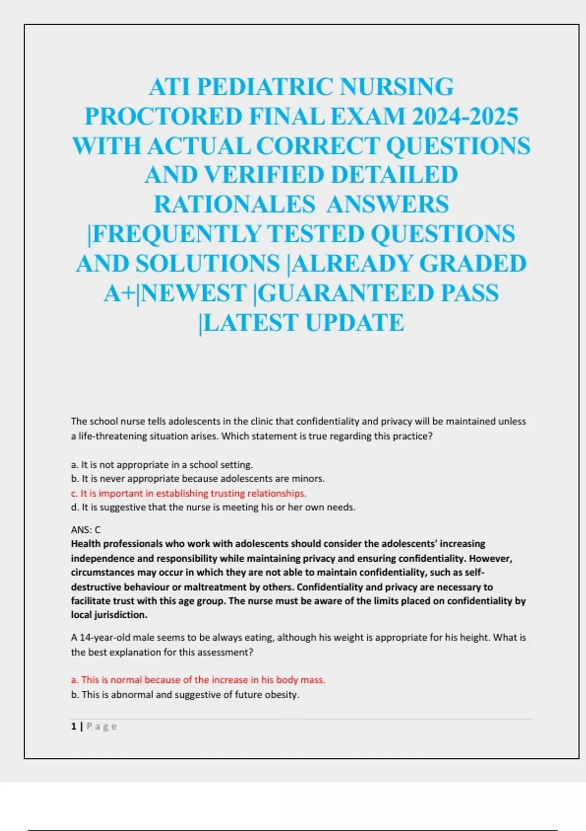 ATI PEDIATRIC NURSING PROCTORED FINAL EXAM WITH ACTUAL CORRECT ...