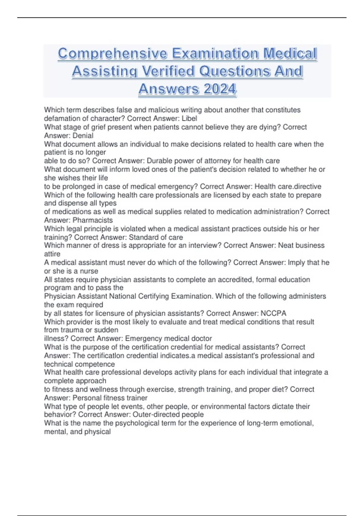 Comprehensive Examination Medical Assisting Verified Questions And ...
