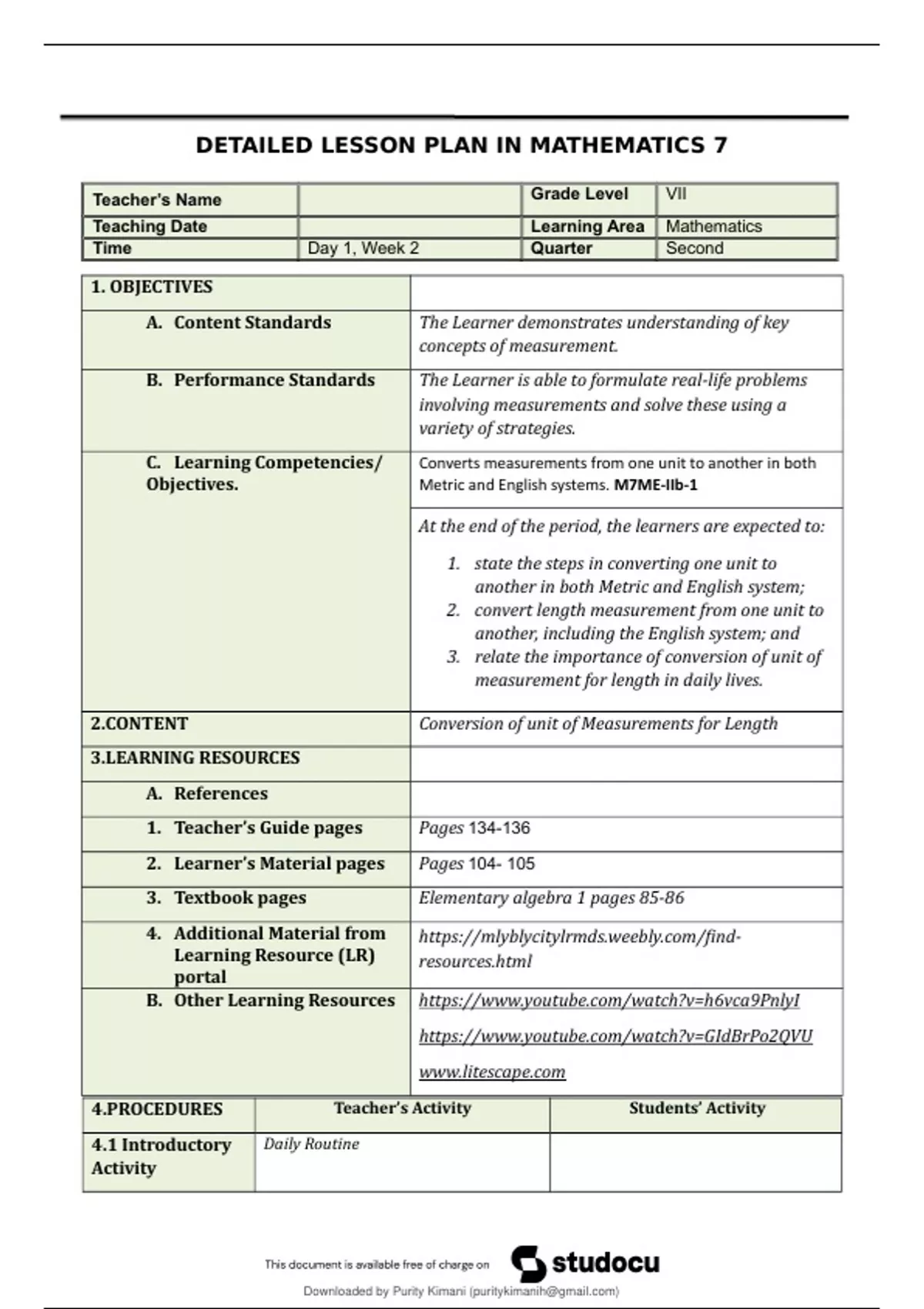 Math Lesson Plan COT 2nd Quarter /DETAILED LESSON PLAN IN MATHEMATICS 7 - \"Bachelor Of ...