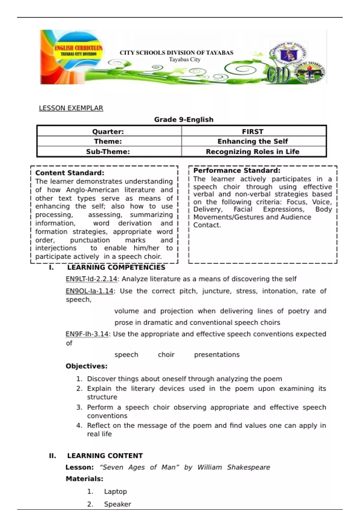 G9 English Lesson Exemplar 1st Quarter - "Bachelor Of Secondary Education" (BSEd 4) - Stuvia US