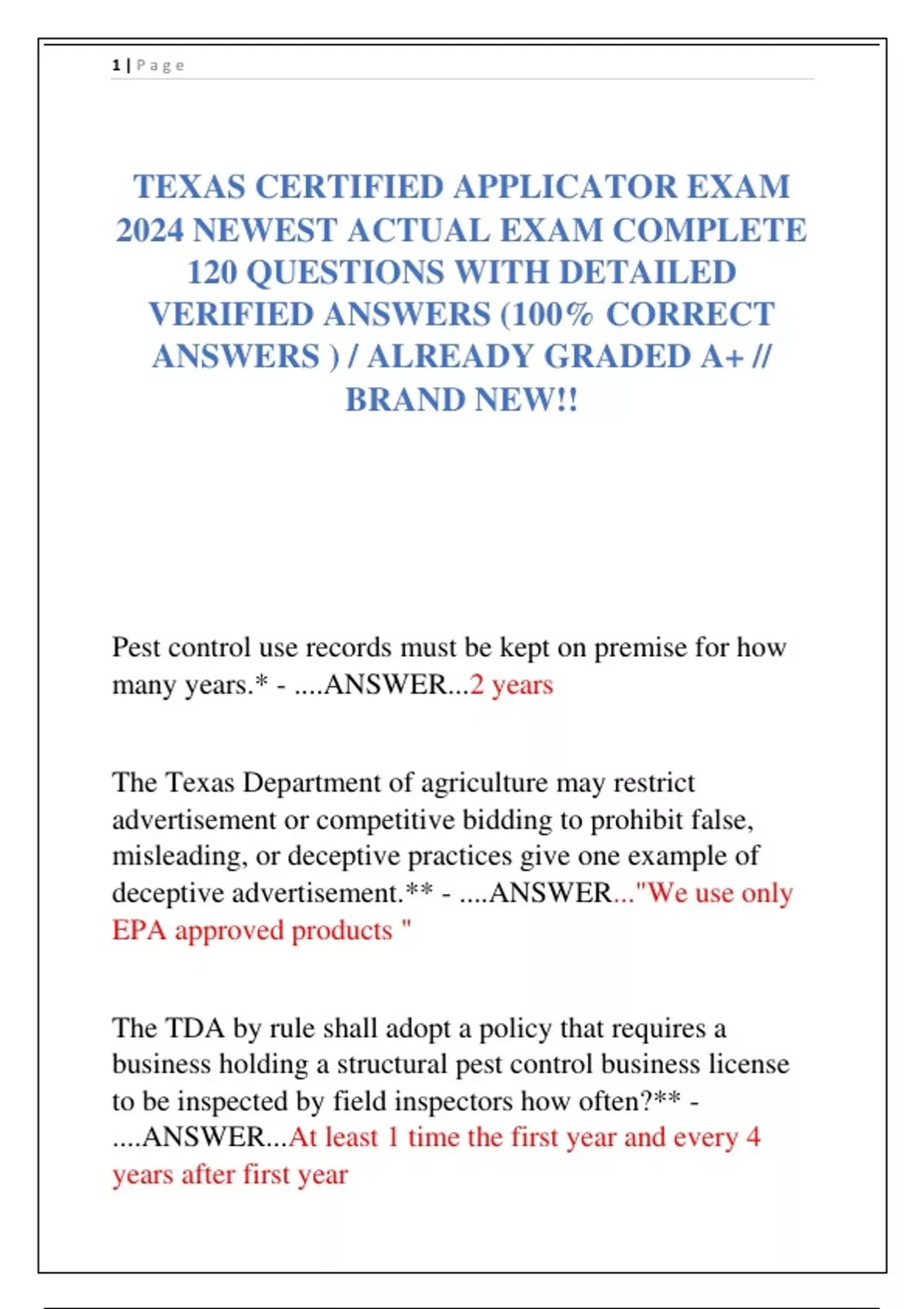 TEXAS CERTIFIED APPLICATOR EXAM 2024 NEWEST ACTUAL EXAM COMPLETE 120 ...