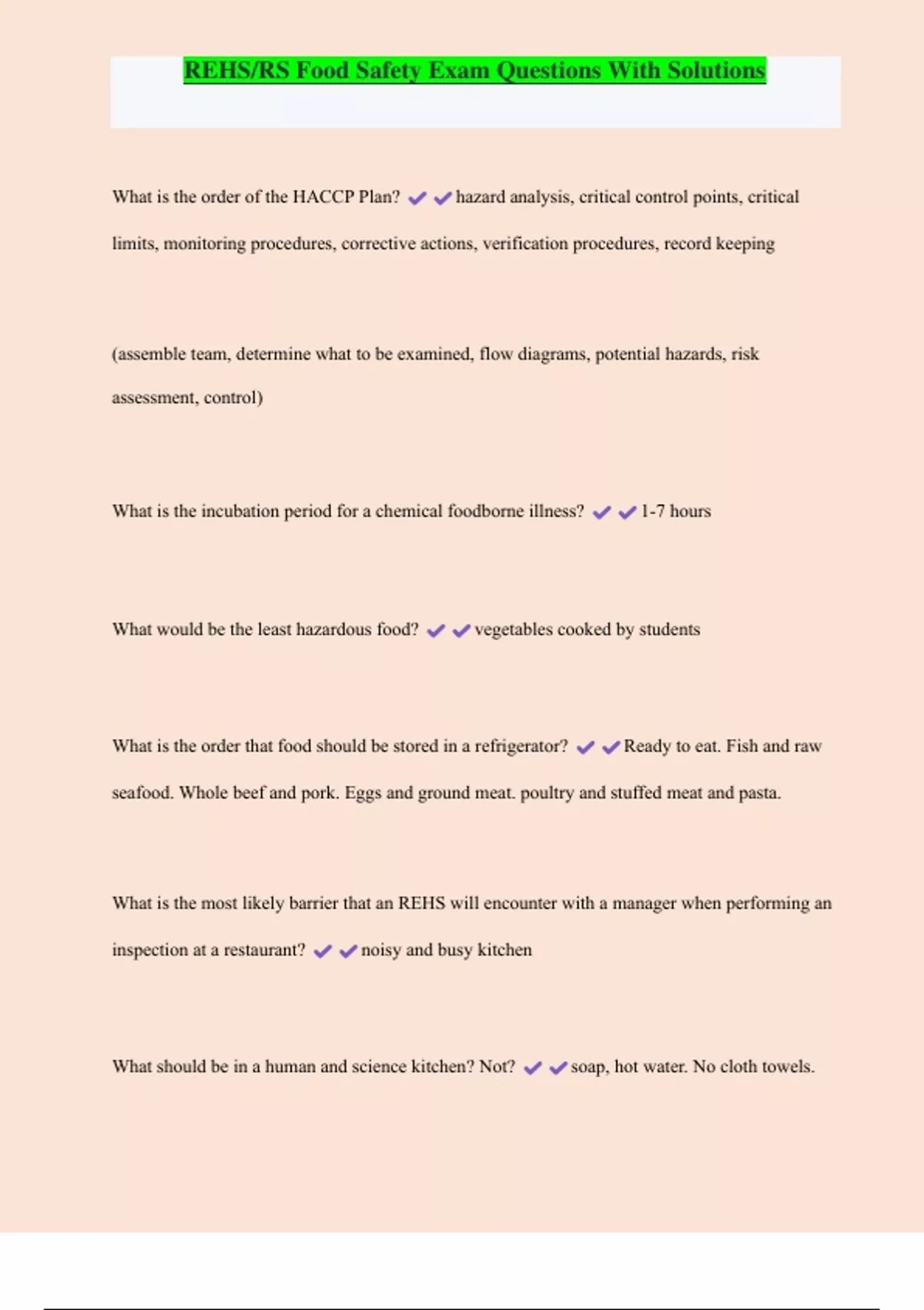 REHS/RS Food Safety Exam Questions With Solutions - REHS - Stuvia US