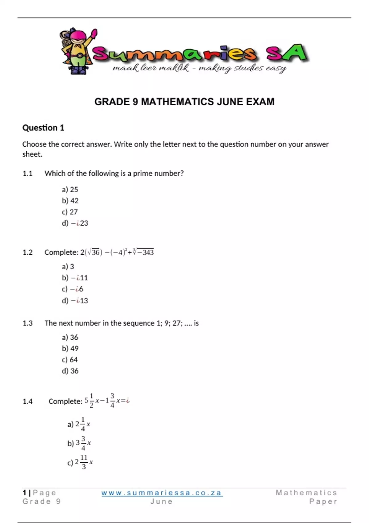 Grade 9 Mathematics (MATH) June Paper and Memo - 2024 - Mathematics ...