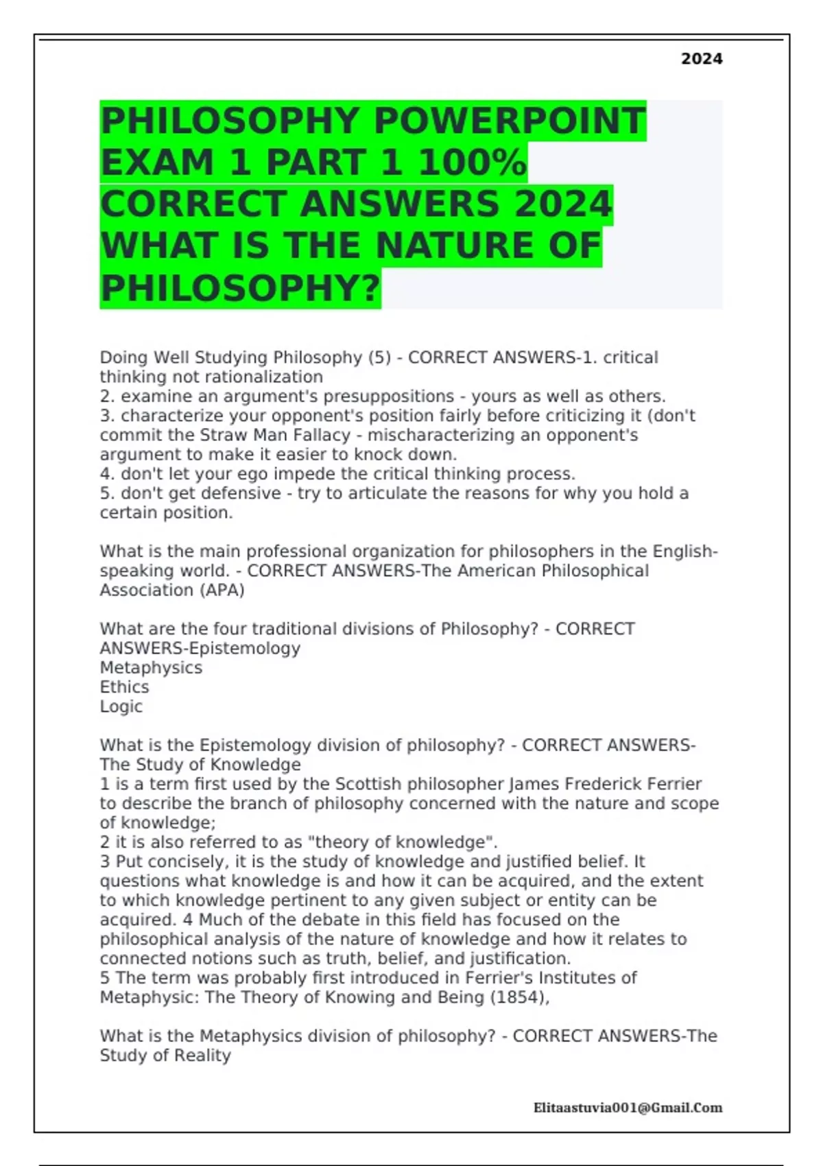 PHILOSOPHY POWERPOINT EXAM 1 PART 1 100% CORRECT ANSWERS 2024 WHAT IS ...