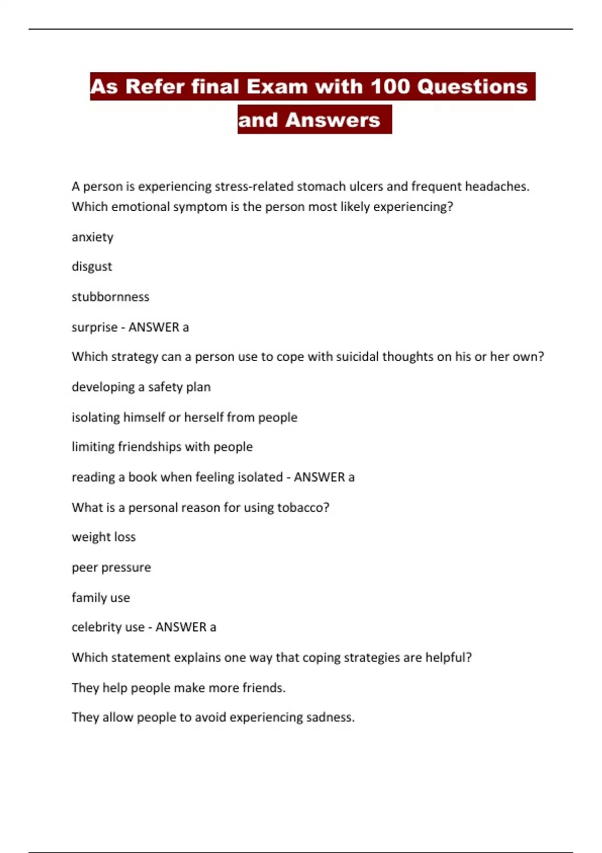 As Refer final Exam with 100 Questions and Answers - As Refer - Stuvia US